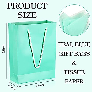 24 Pack Small Heavy Duty Teal Blue Paper Gift Bags with Handles and Blue Tissue Paper Thick Small Turquoise Party Favor Gift Bags for Birthday Wedding Baby Shower, 6 x 7.8 x 2.4 Inch