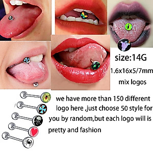 TIANCI FBYJS Lot of Surgical Steel Metal Tongue Rings Barbells Funny Nasty Wordings Picture Logo Signs 14g - Length 5/8" or 16mm (mix logos 40pcs)