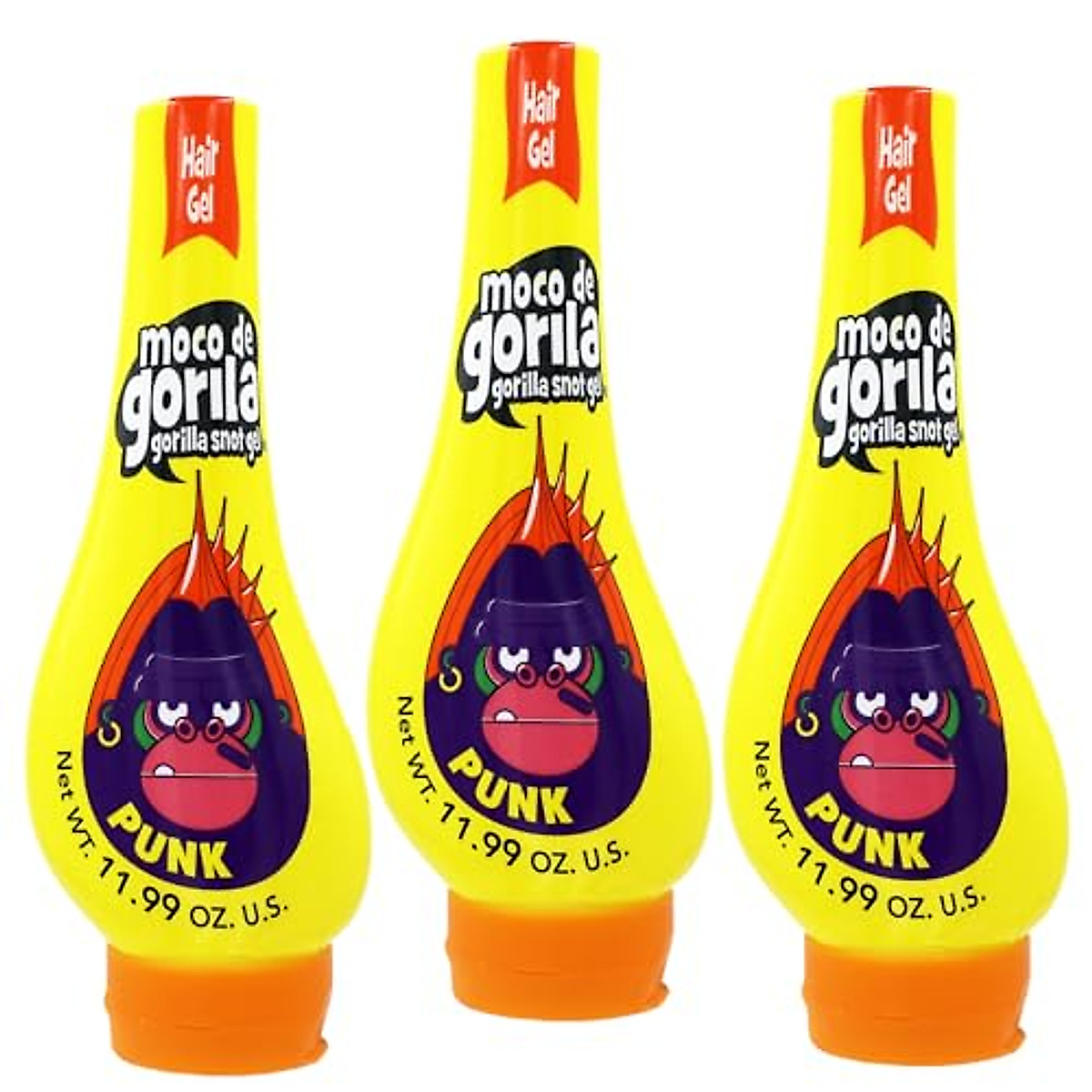 Moco de Gorila Punk, Hair Styling Gel, Reactivate with water, Long-lasting Hold, 3-Pack of 11.99 Oz Each, 3 Squeezable Bottles.
