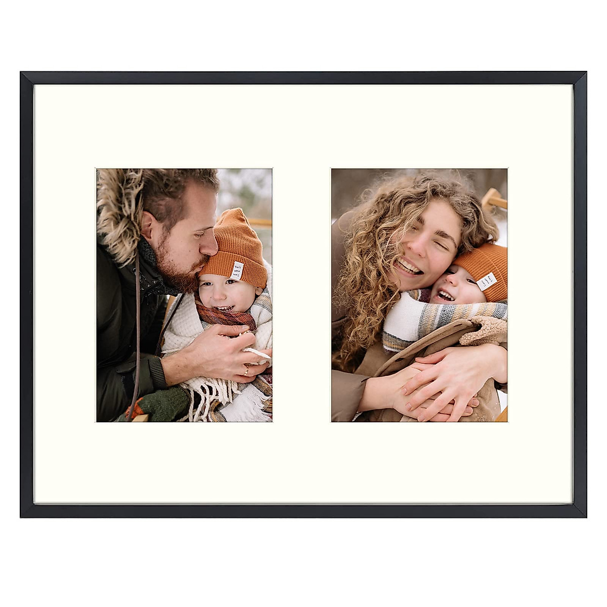 Frametory - 11x14 Aluminum Collage Picture Frame - Display 5x7 Pictures with 2 Openings Mat - Real Glass Front - Horizontal/Vertical Wall Mount - Black 1 Pack