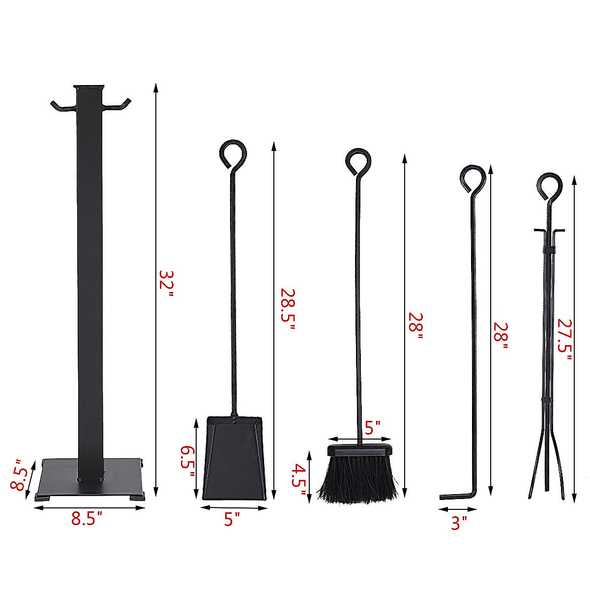 Tangkula 5 Pieces Fireplace Tools, Modern Contemporary Chimney Fireplaces Hearth Accessories,Includes Wrought Iron Tong Poker Base Shovel Brush, Indoor Outdoor Tools for Fireplace Black