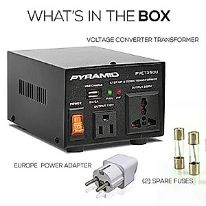 Pyramid Step Up and Down Converter -350 Watt Voltage Converter Transformer w/ USB Charging Port, UK Power Adapter, AC 110 / 120 to 220 / 240 Volt Vice Versa, 110V/120V/220V/240V Input Voltage PVCT350U