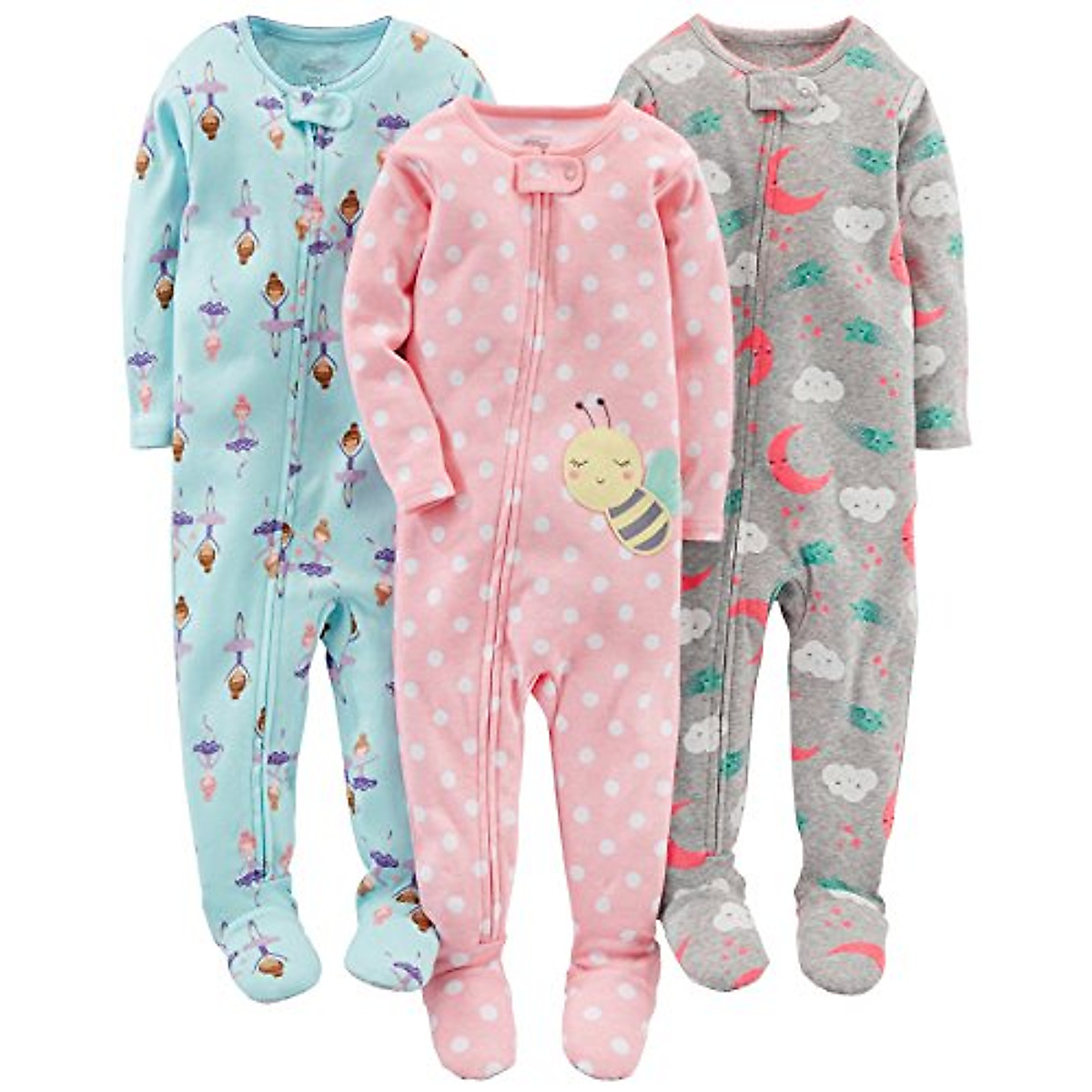Simple Joys by Carter's Girls' 3-Pack Snug Fit Footed Cotton Pajamas, Ballerina/Bees/Moon, 18 Months