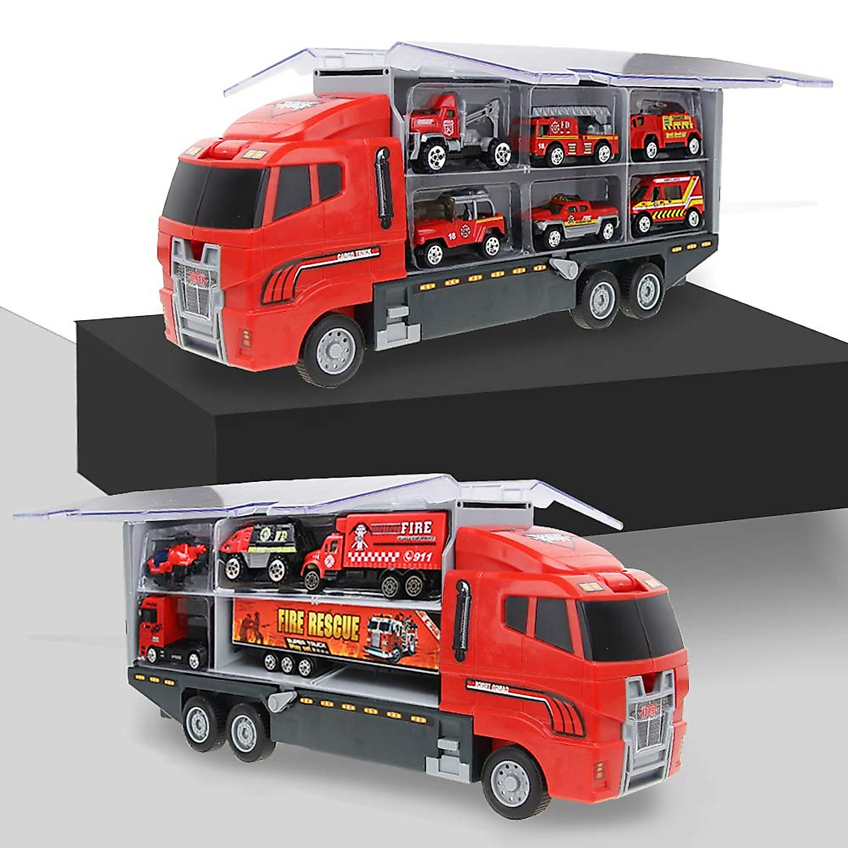 Coolplay Fire Truck Toy Set for Kids, Toy Vehicles Carrier Truck with Die-cast Cars, ​Rescue Firetruck for Boys 3-6 Years Old