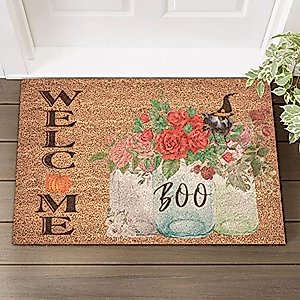 Coir Door Mat Natural Fade - Vinyl Backed Welcome Halloween Fall Summer Door Mat 16x24in Fall Floral Flowers Jars Sunflowers Pumpkins Houses Doormat Home Entryway Farmhouse Decor