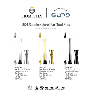 Homestia Stainless Steel Muddler for Cocktails Set, 10" Muddler and 12" Mixing Spoon with Cocktail Jigger, 3 Piece Bar Accessories Tools for Mojitos Making, Stirring, Fruit Drinks