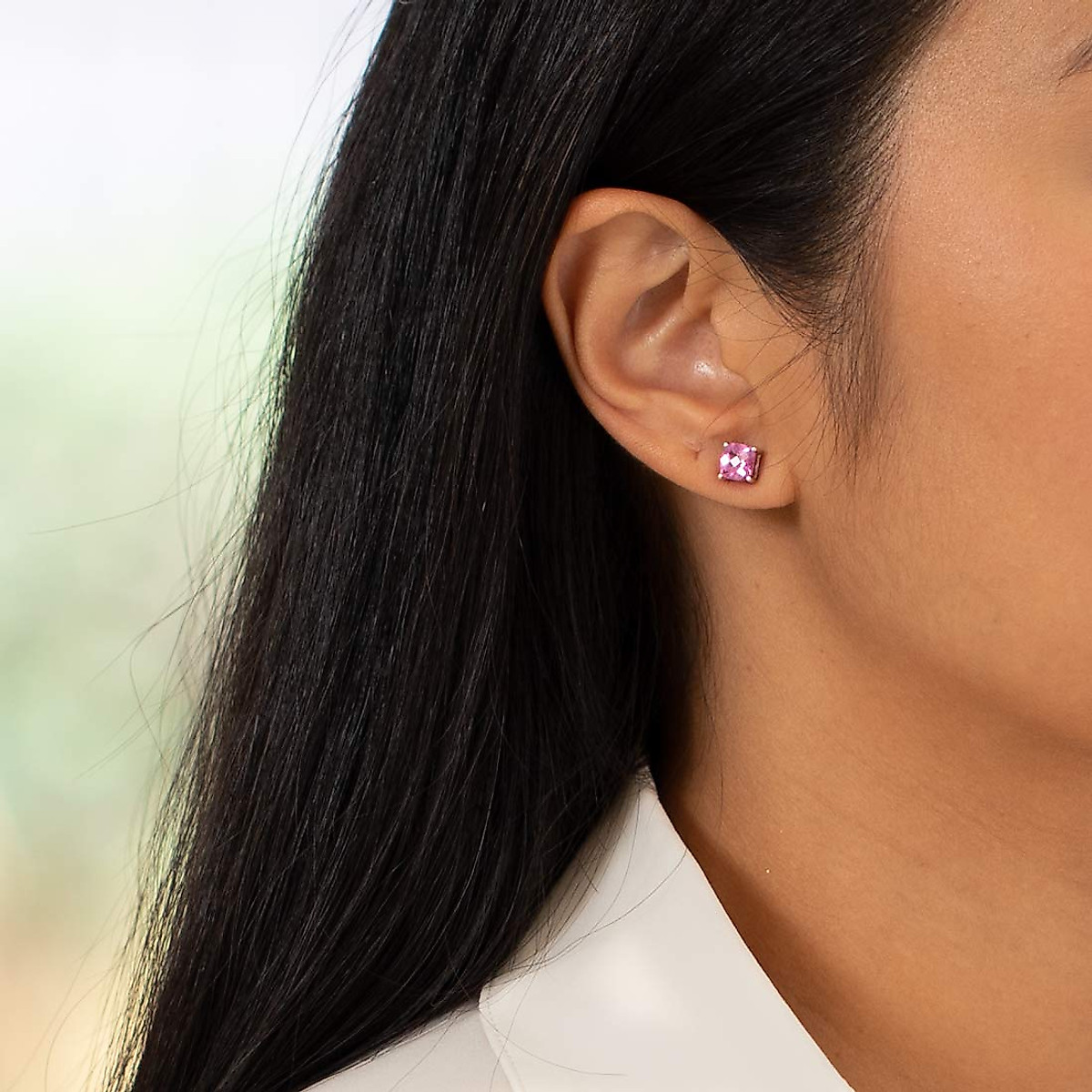 Peora Solid 14K Yellow Gold Created Pink Sapphire Stud Earrings for Women, Classic Solitaire, Hypoallergenic Cushion Cut 6mm, 2.50 Carats total, Friction Back