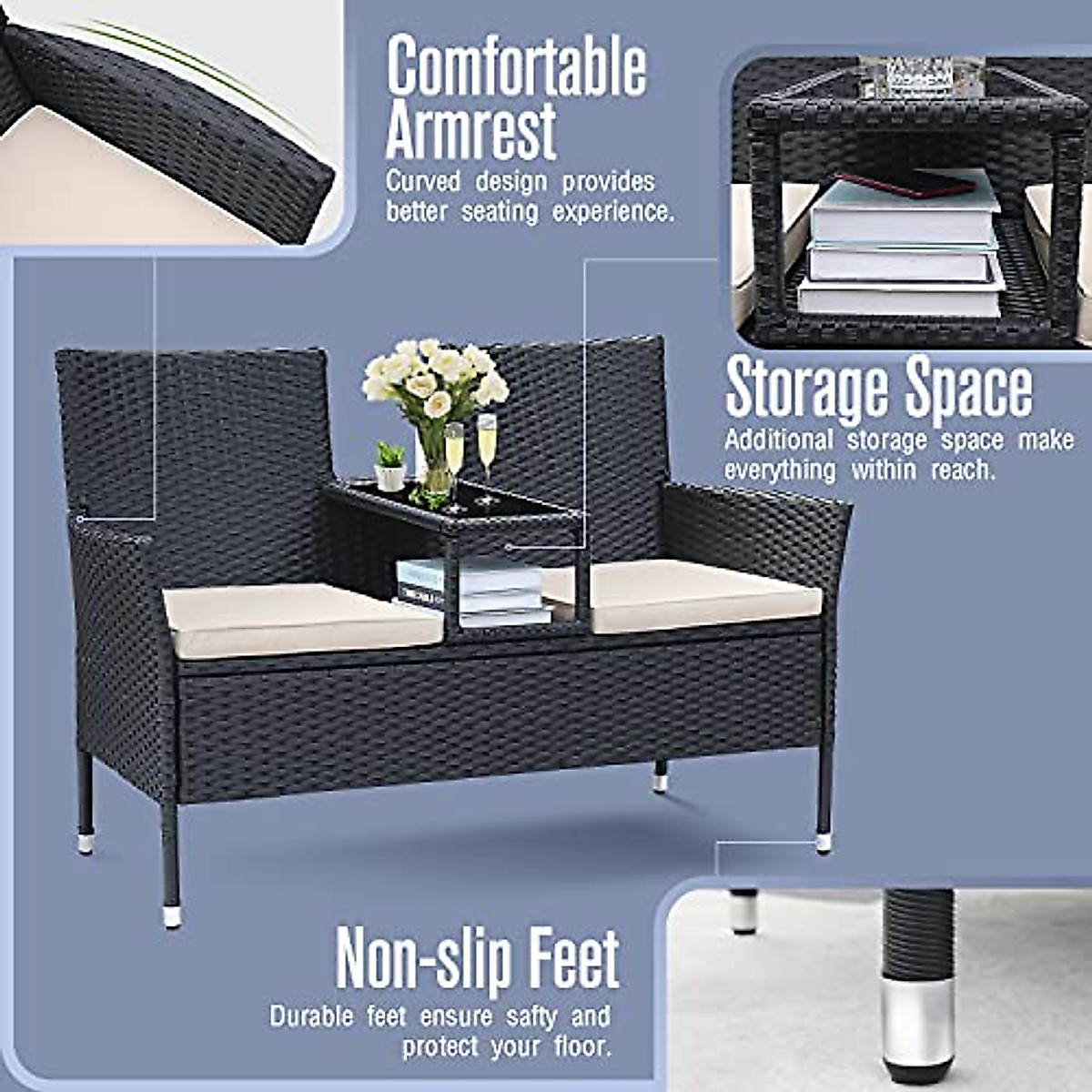 Devoko Outdoor Patio Loveseat Modern Rattan Patio Conversation Furniture Set with Cushions & Built-in Coffee Table Porch Furniture for Garden Lawn Backyard (Beige)