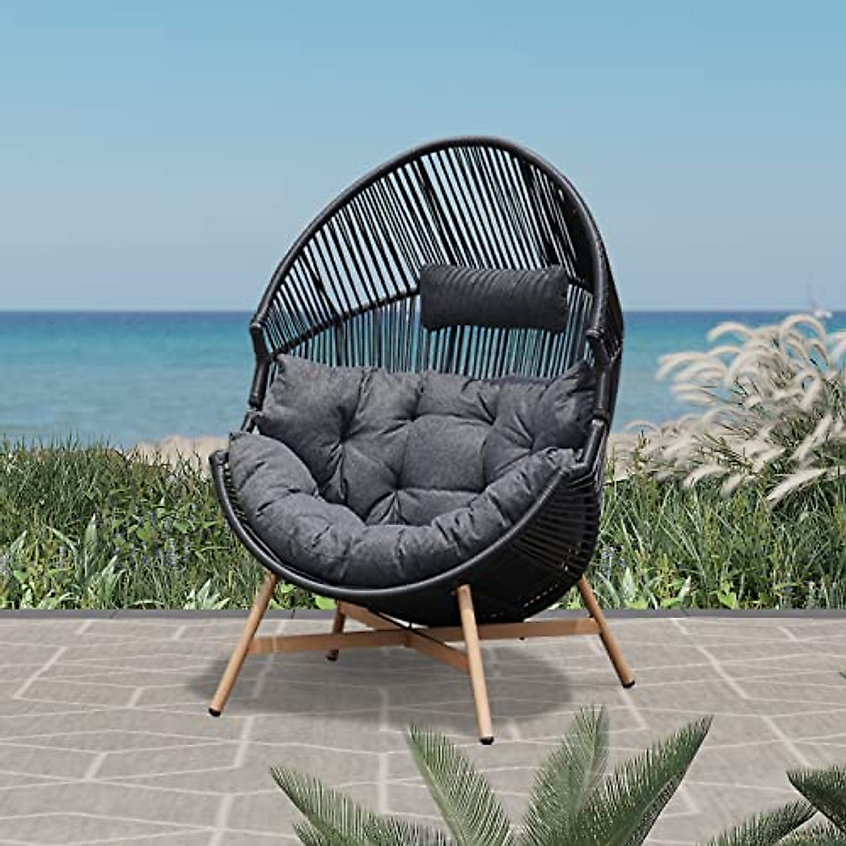 Grand patio Outdoor HOLAND Wicker Egg Chair, Patio Lounge Chair with Olefin Thick Cushion for Indoor and Outdoor, Living Room, Balcony, Porch, Poolside
