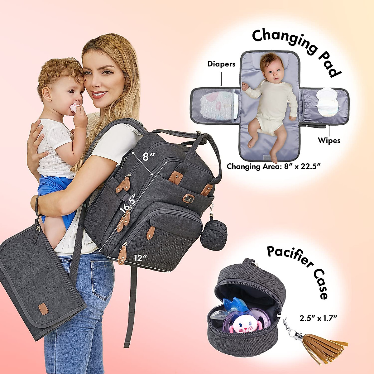 Dikaslon Diaper Bag Backpack with Portable Changing Pad, Pacifier Case and Stroller Straps, Large Unisex Baby Bags for Boys Girls, Multipurpose Travel Back Pack for Moms Dads, Dark Gray