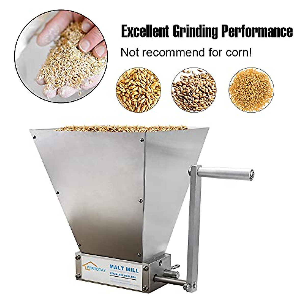 FERRODAY Malted Grain Mill Malt Stainless Steel 2 Roller Malt Mill Homebrew Malted Grain Crusher Manual Grain Mill Slow Drill Available Malt Crusher Adjustable Gap Malted Barley Grinder - No Base Type
