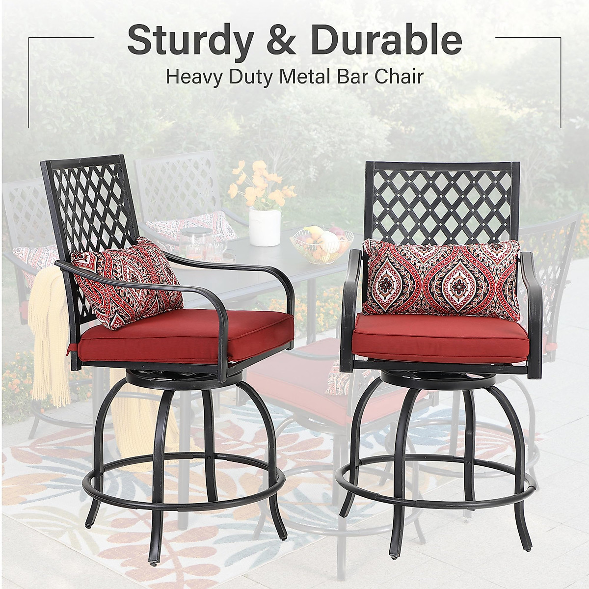 MFSTUDIO 4 PCS Outdoor Swivel Bar Stool, Patio Counter Height Bar Chair with Cushion and Armrest, Red
