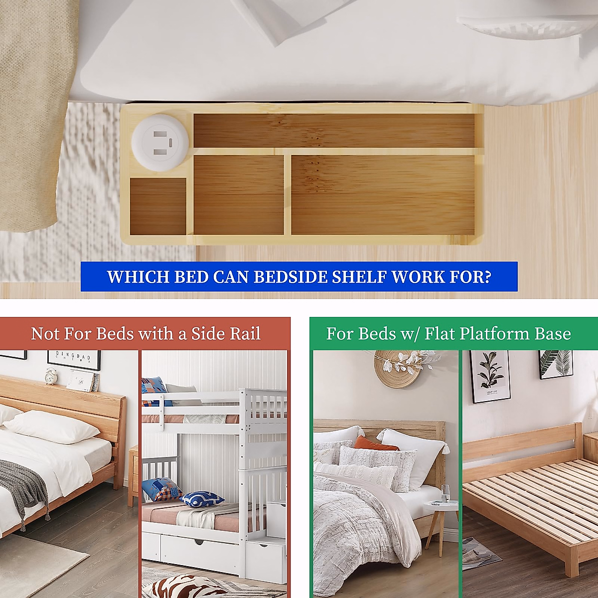 Floating Bed Side Table Tray Organizer, Bedside Caddy & Nightstand with USB-C & A Charging ports, Bedside Organizer, Dorm Room Essentials for Girls, College Dorm Essentials for Girls