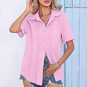 Cotton Blouse for Women 2023 Casual Women's Business Casual Clothing Loose Comfy Button Down Short Sleeve Summer Top Casual V Neck Work Collared Shirts Pink XL