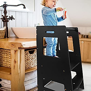 ACEHOME Toddler Kitchen Stool, Toddler Tower with Safety Rail, Toddler Stool for Kitchen Counter, Adjustable Height Little Helper Tower, Kitchen Stool for Toddlers 18 Months and Older, Black