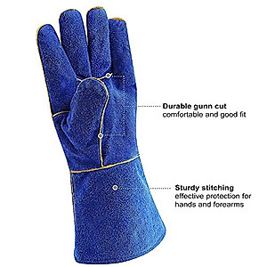 DEKO Welding Gloves Blue 14 inch Leather Forge Heat Resistant Welding Glove for Mig, Tig Welder, BBQ, Furnace, Camping, Stove, Fireplace and More