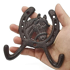 TIHOOD 2PCS Cast Iron Rustic Ranch Horse Head 2 Hook Coat Hooks Rack Towel Horseshoe Hook, Coat Hook,Hat Hook Wall Mounted,Wall Hook,Coat Hanger,Hooks