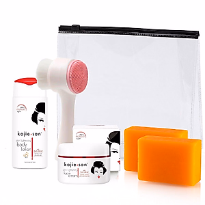 Kojie San Face & Body Complete Brightening Mini Set - 65 Gram x 2 Bars Soap, Body Lotion, Face Cream, and Facial Cleansing Brush