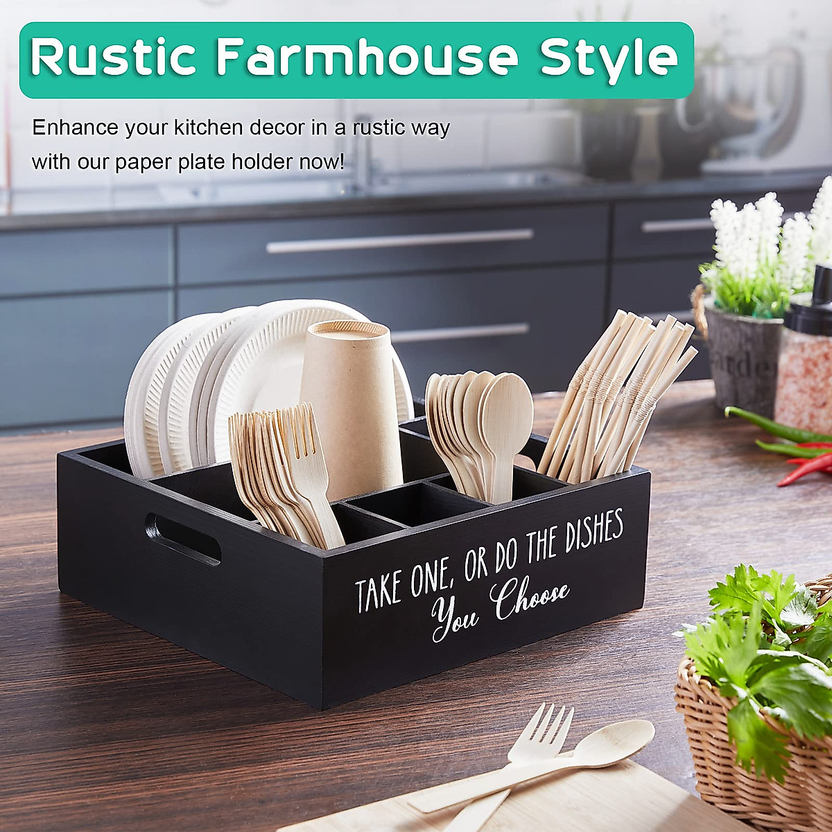 ALELION Paper Plate Holder for Counter, Cutlery Holder with Handles, Rustic Wood Organizer Caddy for Cups, Forks, Spoons, Napkins - Party BBQ Camping RV Buffet Caddy, Black Farmhouse Kitchen Decor
