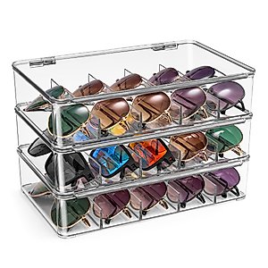 Sorbus Sunglasses Organizer - Plastic Stackable Eyeglass Case Storage Organizer for Multiple Glasses - Reading Glasses, Sunglass Holder with Hinged Lid for Eyewear Display Includes 5 Sections (3 Pack)