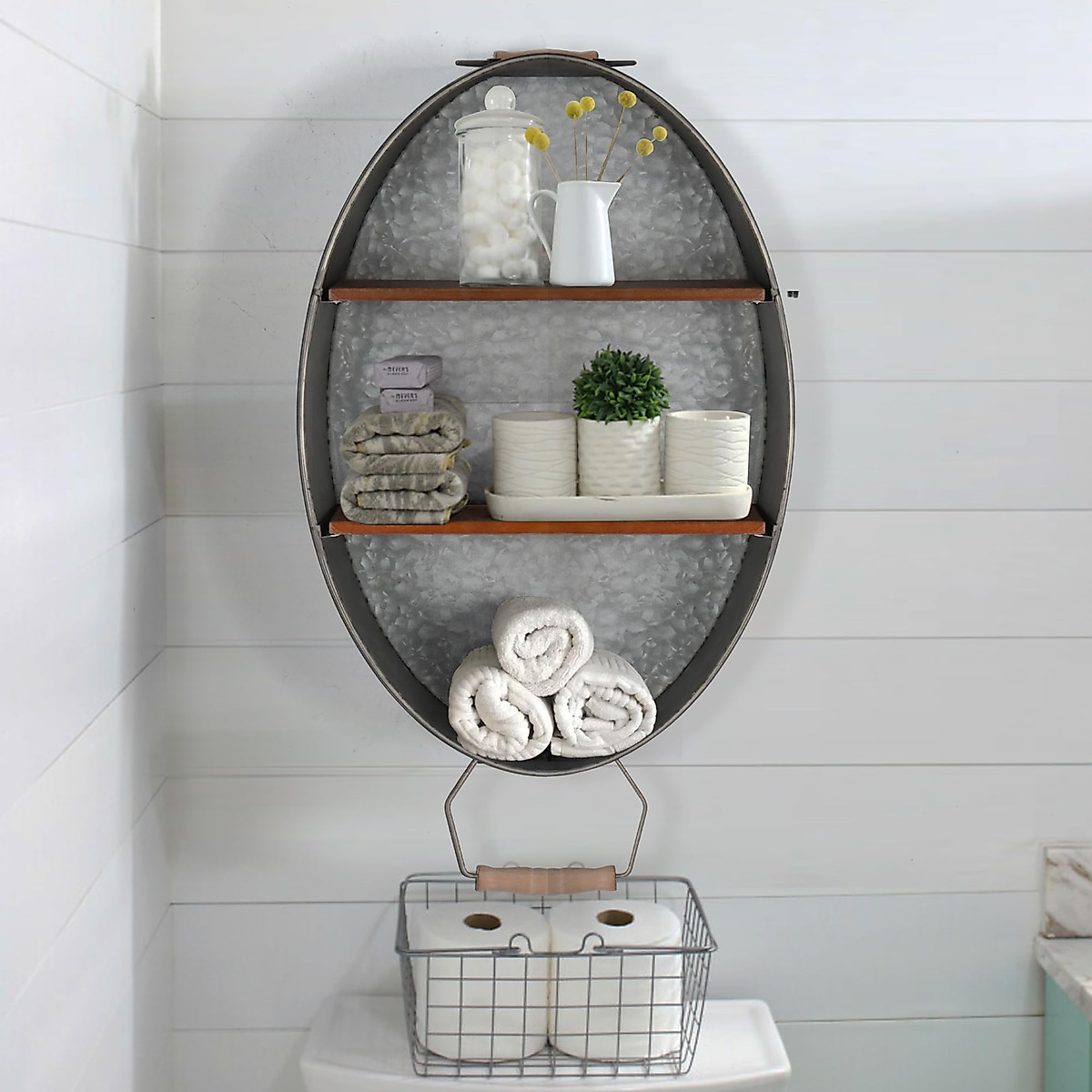 Oakrain Galvanized Wash Tub with Shelves | Towel Racks for Bathroom | Bathroom Wall Shelves | Farmhouse Rustic Bathroom Decor | 2 Tier Wall Towel Holder with Wood Shelf | Galvanized Shelf Wall