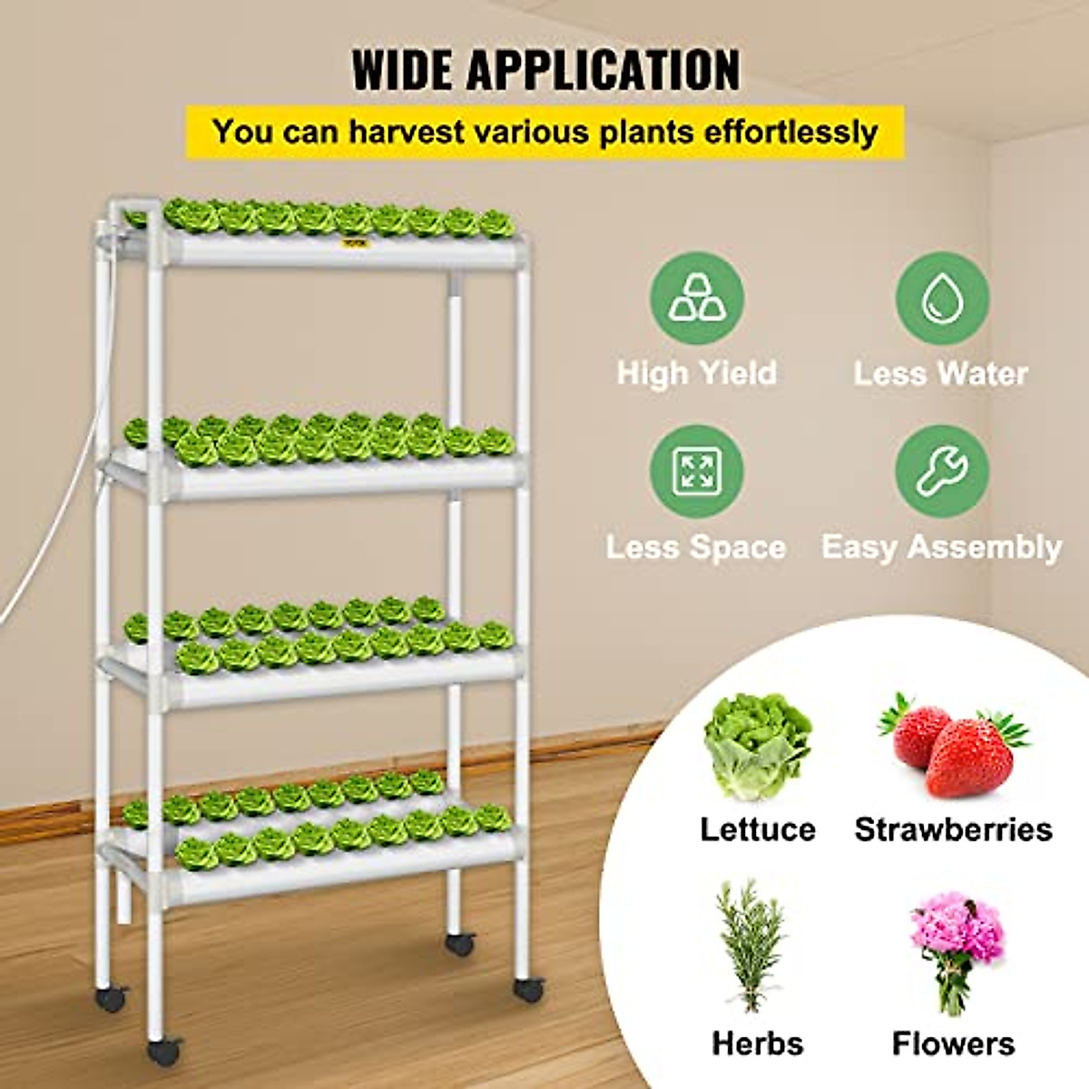 VEVOR Hydroponics Growing System, 72 Sites 8 Food-Grade PVC-U Pipes, 4 Layers Indoor Planting Kit with Water Pump, Timer, Nest Basket, Sponge, for Fruits, Vegetables, Herbs, White