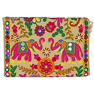 Elephant Printed- Jaipuri Art Sling Bag- Easy to Carry- Zipper Closure and Fold over Clutch Purse with Long Strap