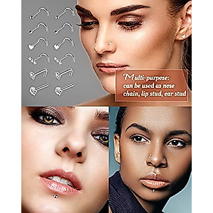 MTLEE Nose Ring Nose Chain Piercing Across Double Nose Stud Chain Jewelry CZ Heart Ball l Shaped Stainless Steel Nose Piercing Stud Nostril Jewelry for Women Men(Silver,1.5 Inch)