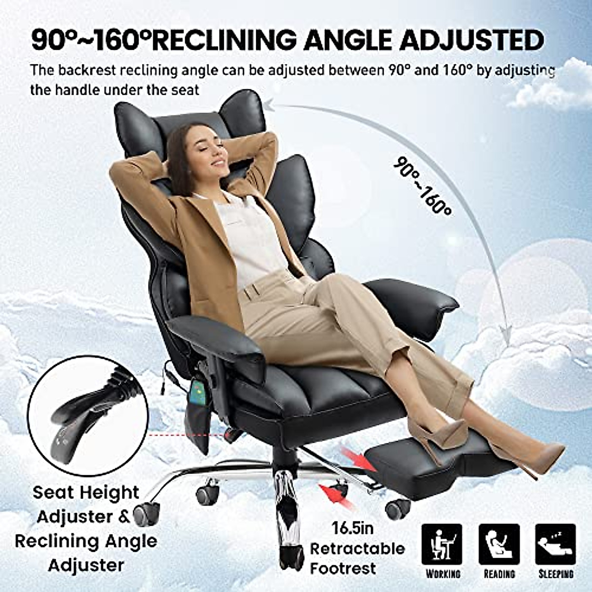 GURLLEU Executive Office Chair Office Desk Chair, Massage Reclining Office Chair with Foot Rest, Real High Back Office Chair with Lumbar Pillow Support PU Leather Computer Chair (Black)