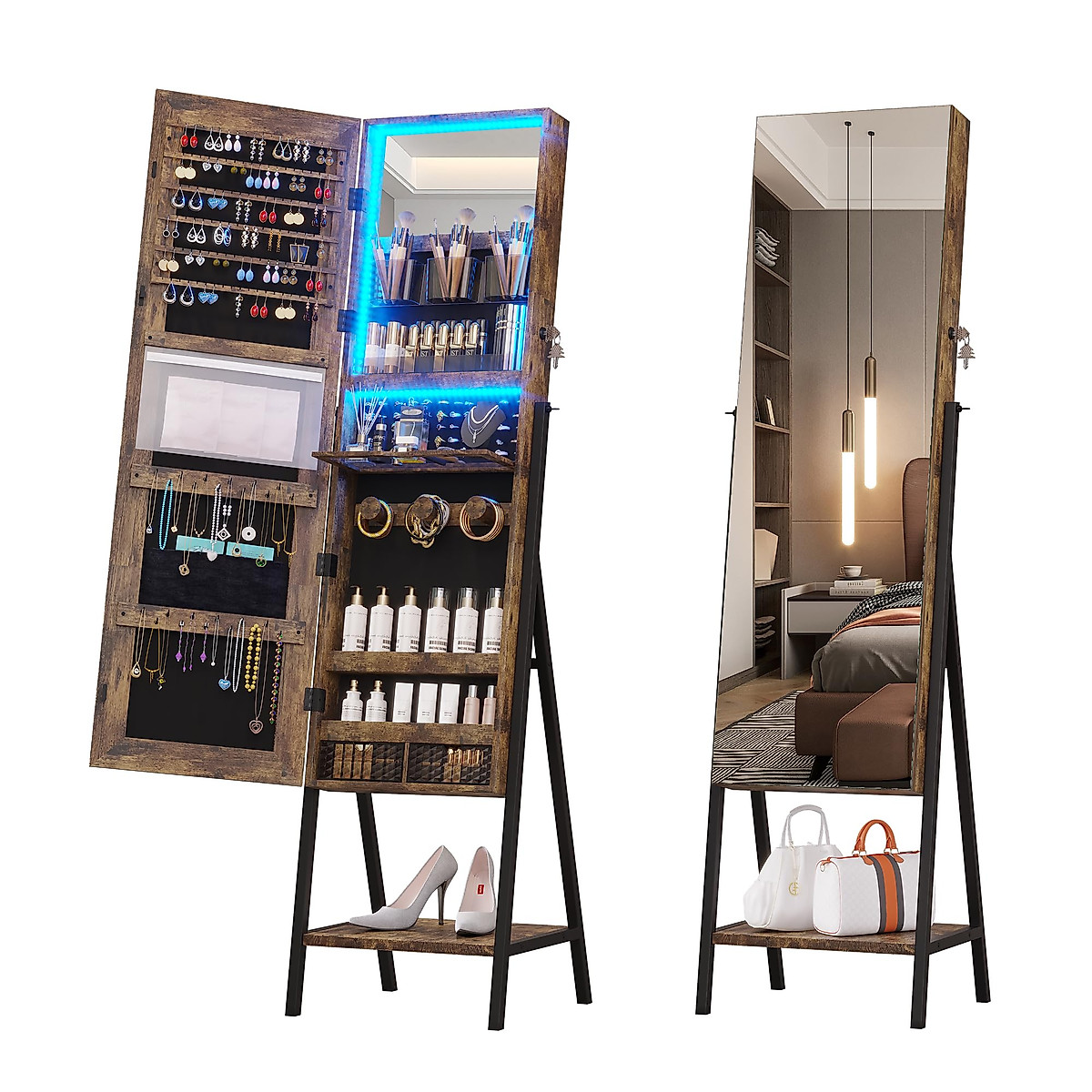 jajov 47.2" LED Jewelry Cabinet Armoire, Standing Full-Length Mirror With Jewelry Storage, Jewelry Organizer Armoire, Lockable Jewelry Mirror Cabinet (Rustic Brown)