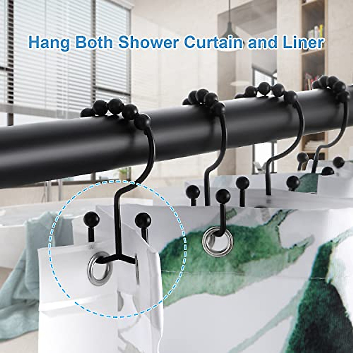 TENOVEL 12 pcs Black Double Sided Shower Curtain Hooks Black & Black Curved Shower Rod