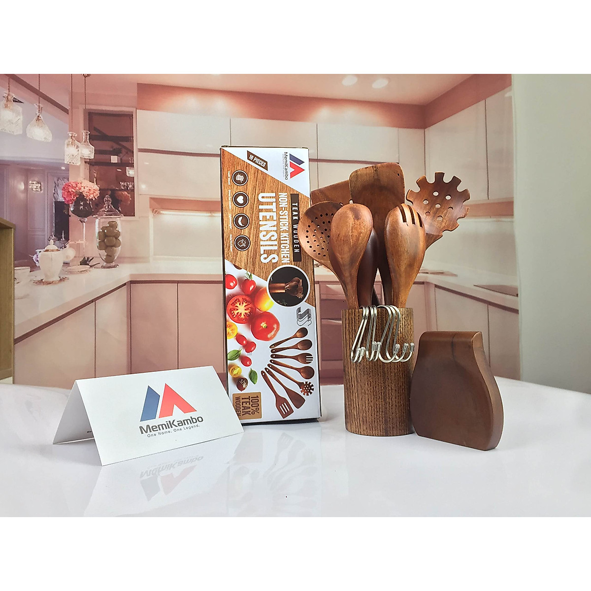 MEMIKAMBO Wooden Kitchen Cooking Utensils, Nonstick Kitchen Utensil Set, wooden utensils for cooking,Wooden Spoons Cooking Utensil Set Non Scratch Natural Teak Wooden Utensils for Cooking(16 PIECES)