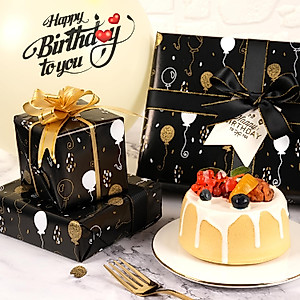 Birthday Wrapping Paper Roll - Matte Black and Gold Foil Gift Wrapping Paper for Women Men Boys Girls, Gold Foil Balloon Design Gift Wrap for Birthday Father’s Day Graduation, 17 Inch X 33 Feet