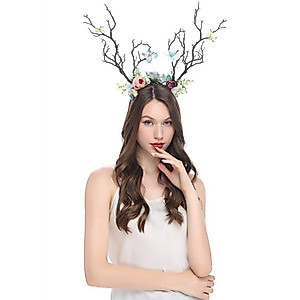 XIDAJIE Deer Antler Flower Crown Headbands Halloween Chritmas Long Antler Flower Branches Headband Props Horns Headpieces Hair Band Photo Shoot Forest Goddess Headdress Headwear, Navy