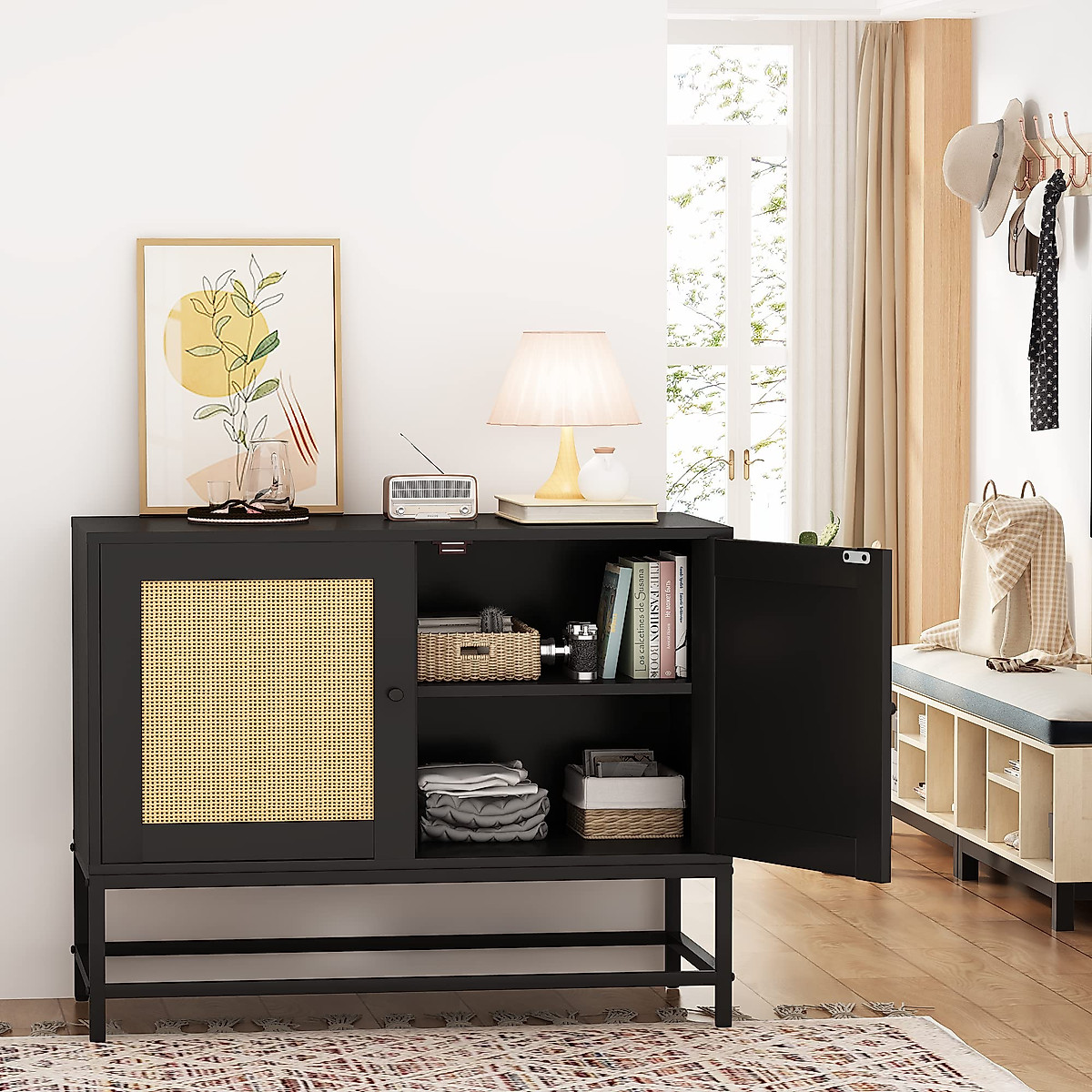 AWQM Buffet Cabinet with Storage, Set of 2, Rattan Buffet Cabinet with 2 Doors, Adjustable Shelves and Sturdy Metal Frame, Modern Accent Sideboard Cabinet for Kitchen, Dining Room, Living Room - Black