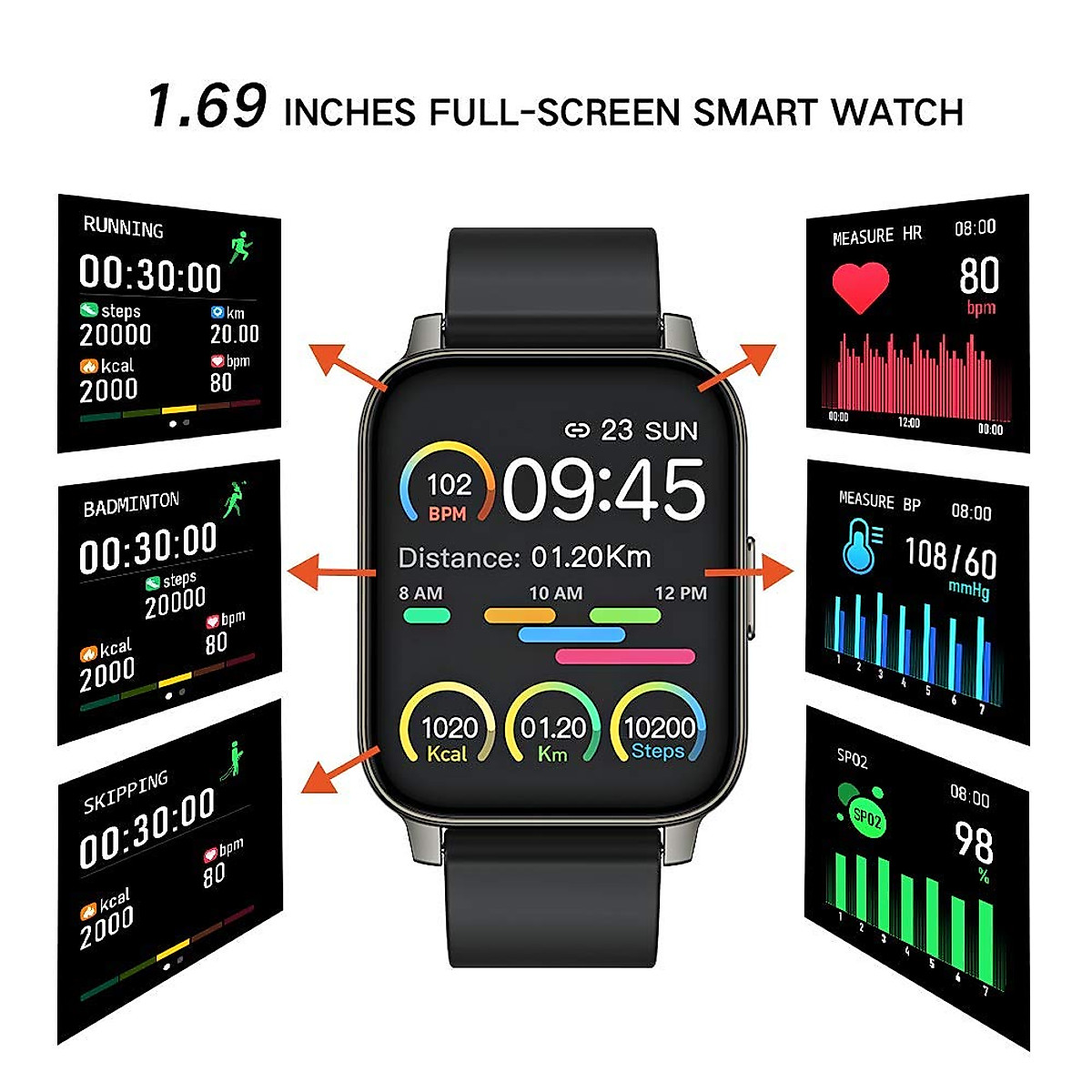 Smart Watch, 1.69'' Touch Screen Fitness Tracker Watches for Men Women,IP67 Waterproof Sport Smartwatch with Heart Rate Monitor,Sleep Monitor, Pedometer, Stopwatch Activity Tracker for Android/iOS