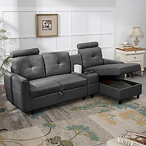BALUS 88" W Reversible Living Room Sofa, Convertible L-Shaped Combination Sofa with Upholstery, Recliner with Storage, Modern Combination Sofa, belfin Combination Combination Sofa (Dark Grey)