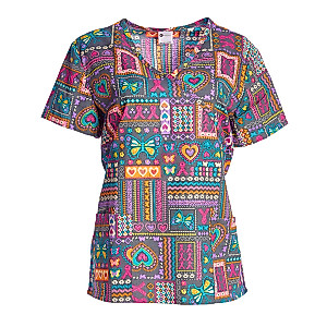 24|7 Comfort Scrubs Women's Butterfly and Heart V Neck Crossover Scrub Top, Large