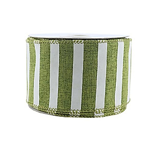 DINDOSAL Sage Green Wired Ribbon 2.5" Horizontal White Stripe Wired Edge Burlap Ribbon Farmhouse Wire Ribbon for Wreaths Crafts Supplies Gift Wrapping Bows Making Spring Decorations - 10 Yards