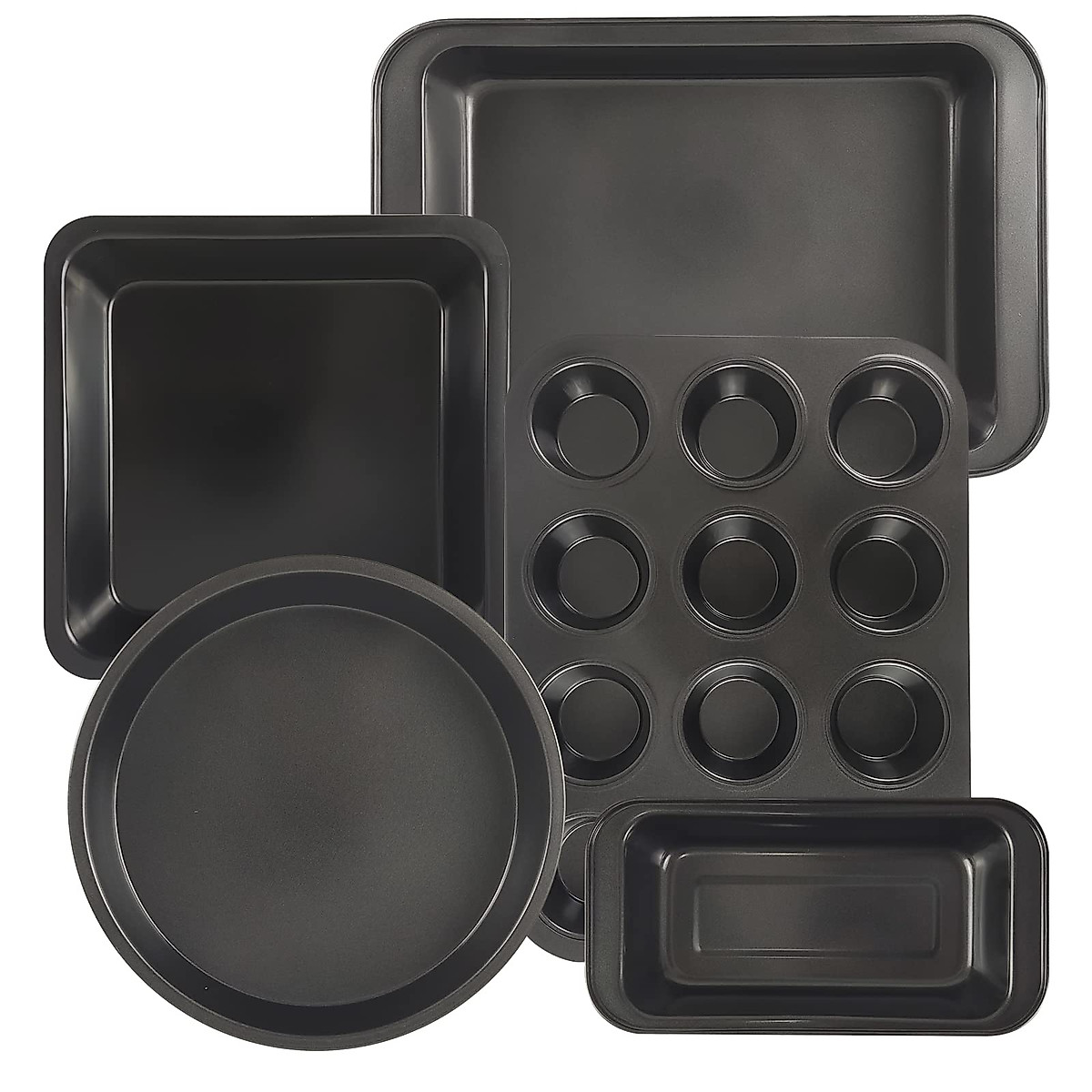 Baking Pans Sets Nonstick，5pcs Bakeware Sets with 12 Cup Cupcake Muffin pan,Round/Square Cake Pan, Muffin Pan, Loaf Pan, Roast Pan, Baking Sheets for Oven,Cookie Sheets for Baking,Toaster Oven Pans