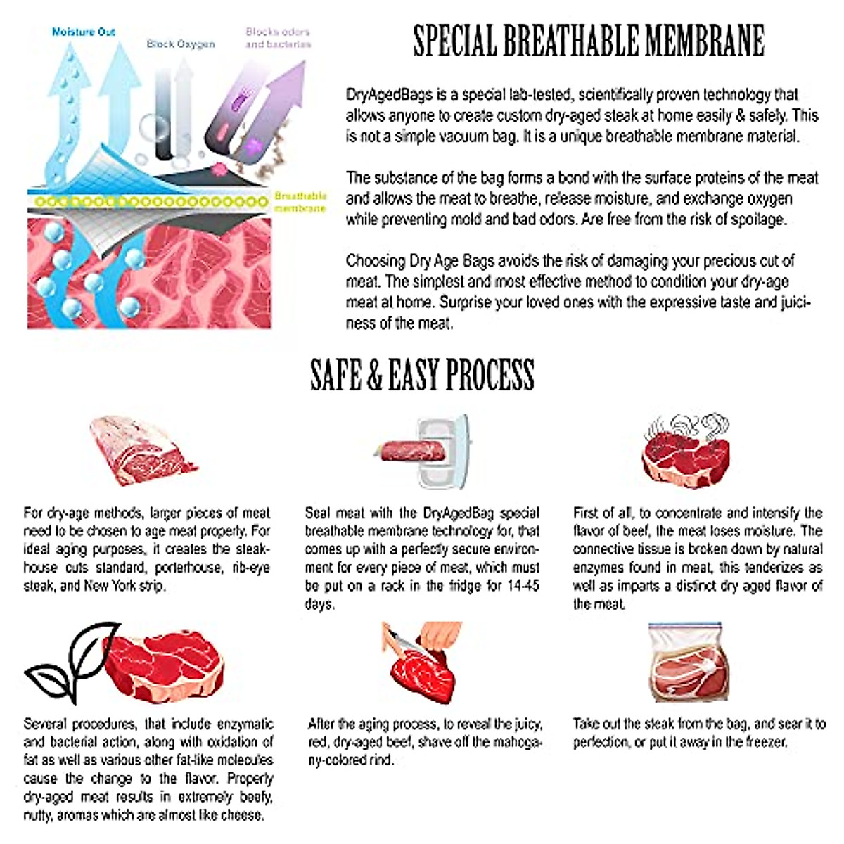 Dry Aging Bags for Meat Vacuum Sealer no Required easily create Dry Age Meat at Home breathable membrane KIT 5pcs 8x16 in (20x40cm) 1-5lb up to 2.5kg