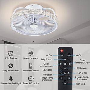 MADSHNE Low Profile Flush Mount Ceiling Fans with Lights and Remote,15'' Small Modern Enclosed Bladeless Ceiling Fans, Mini White LED Ceiling Lighting Fixture