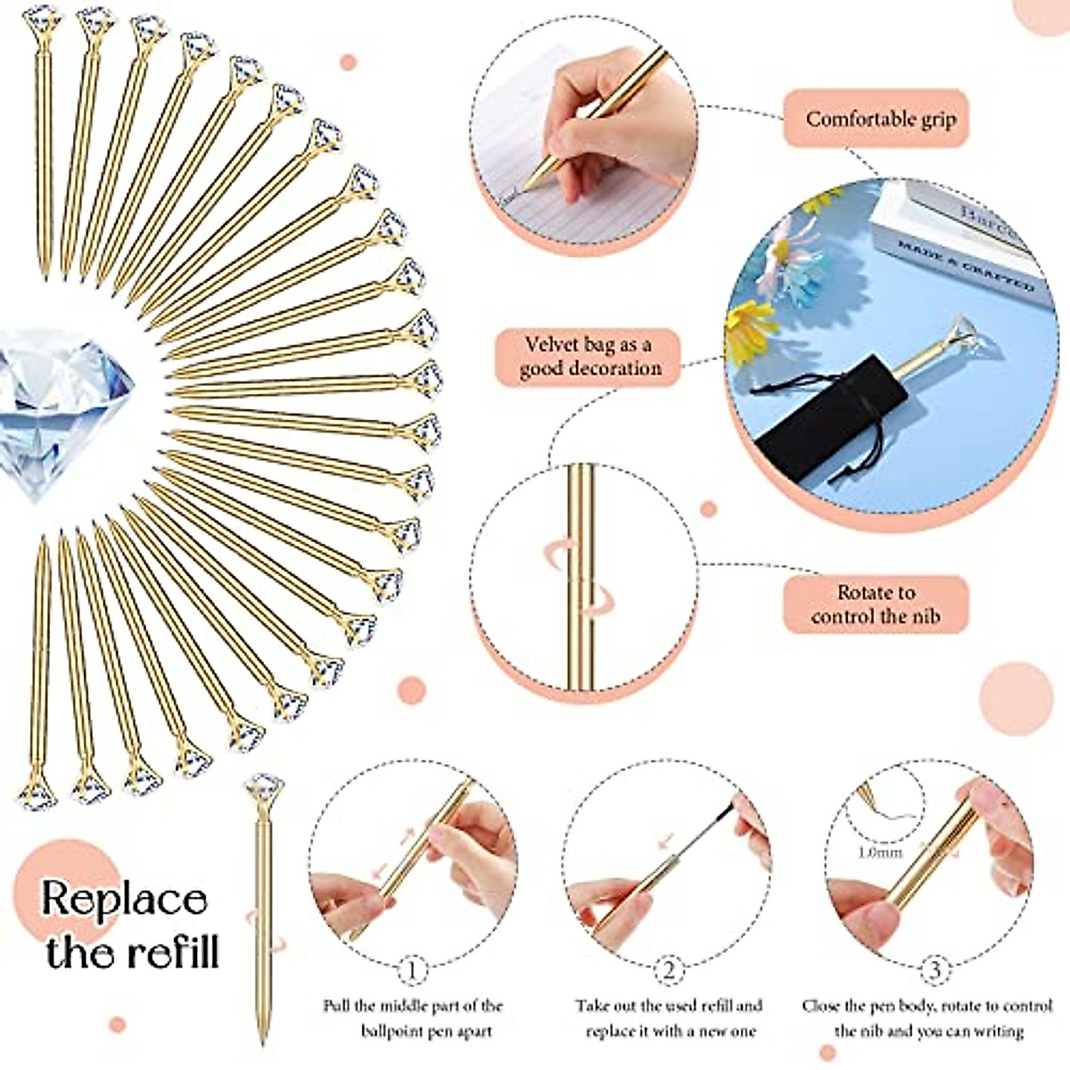 48 Pcs Wedding Diamond Pens Bulk 48 Velvet Gift Bags Bling Crystal Metal Ballpoint Pens with Black Ink 48 Extra Refills for Office School Supplies Wedding Gift (Basic)