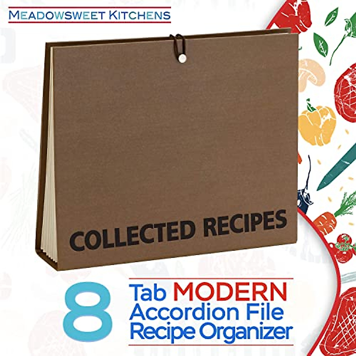 Meadowsweet Kitchens File Organizer for Recipes - Expanding Recipe File Folder Organizer with Dividers, Accordion Style Organizer for Recipe Cards, Clippings, Full Size Recipes - Brown & Metallic