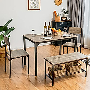 Giantex Dining Table Set for 4, Kitchen Table with Bench and Chairs, Industrial Gathering Bench Dining Set W/Metal Frame & Storage Rack, Dinette Set, Modern Functional Desk Set (Black Oak)