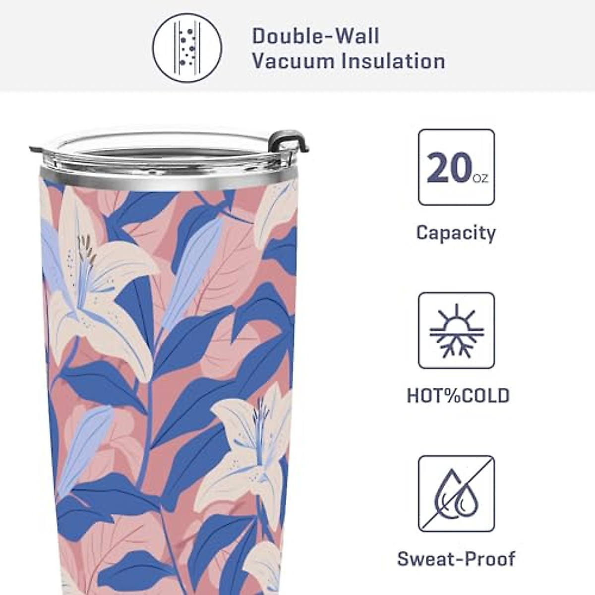 Large White Lily Flowers Blue Leaves Stainless Steel mugs for hot and cold with Straw Leak Resistant Flip coffee mug insulated for gym reusable tumblers with lids and straws 20 OZ