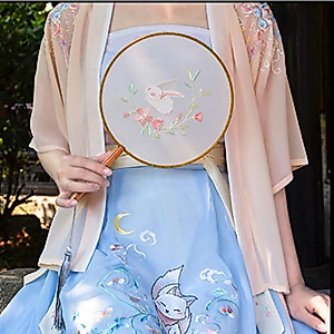 RAZZUM Decorative Folding Fans Handheld Fans Chinese Style Classical Embroidery Silk Round Palace Fan Female Long Handle Ancient Dance Fan for Wall Decoration Gift Hand Fan Fan