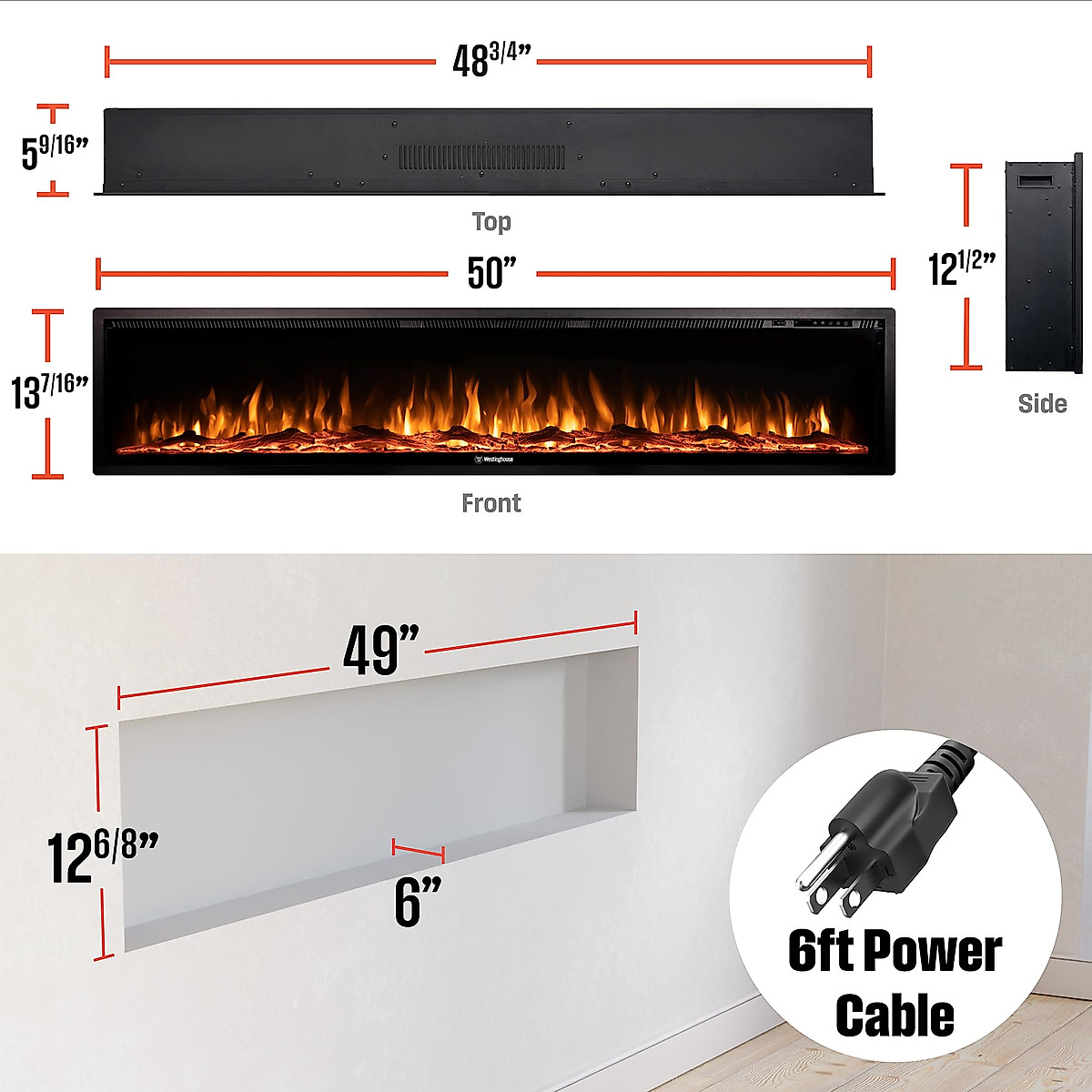 Westinghouse 50 Inch Electric Fireplace Heater, Compatible with Alexa & Google Home, Wall Mount or in-Wall Recessed Fireplace Insert, 24 Hour Timer, Color Changing Flames, 750W/1500W Indoor Heater