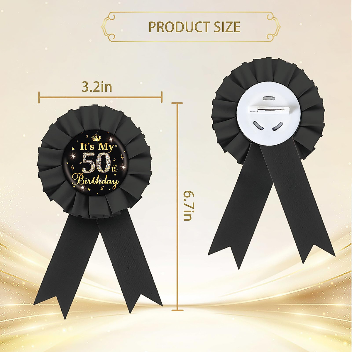 It's My 50th Birthday Tinplate Badge Pin, Gold Diamond Happy 50th Birthday Button Pin, Ffity Birthday Black Rosette Award Ribbon Pin for Women, Brooch Buttons for 50 Years Old Birthday Party Decoration