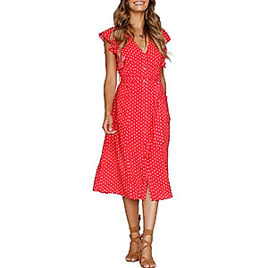 MITILLY Women's Boho Polka Dot Flutter Short Sleeve V Neck Button Down Swing Midi Dress with Pockets Medium Red
